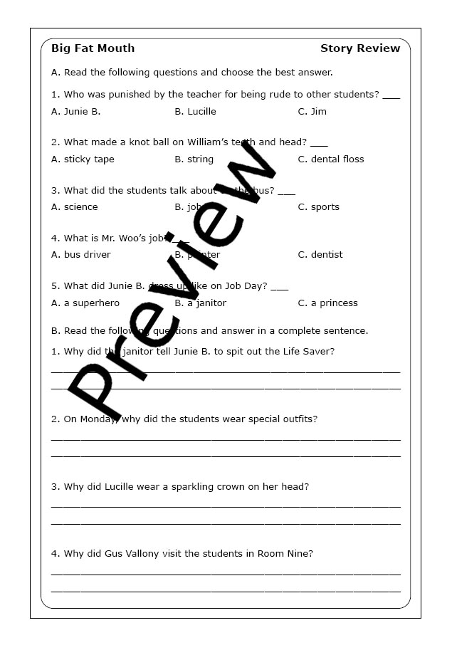 Barbara Park "Junie B. Jones and her Big Fat Mouth" worksheets | Made ...