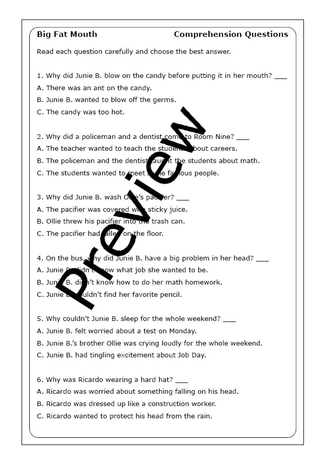 Barbara Park "Junie B. Jones and her Big Fat Mouth" worksheets | Made ...