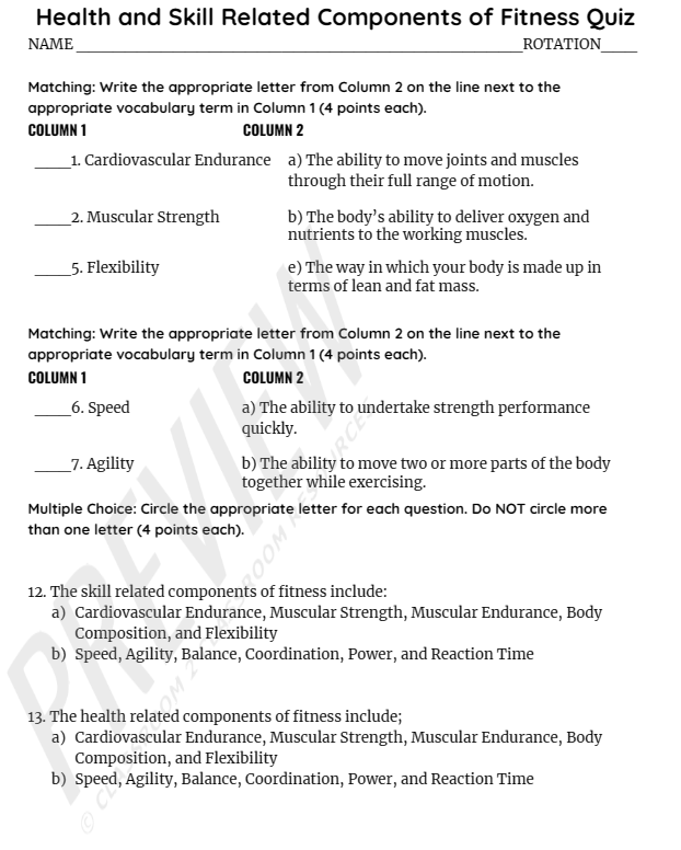 Health/Skill Related Components of Fitness Short Quiz & Answer Key ...