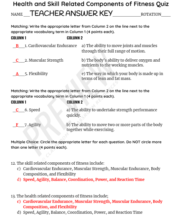 Health/Skill Related Components of Fitness Short Quiz & Answer Key ...