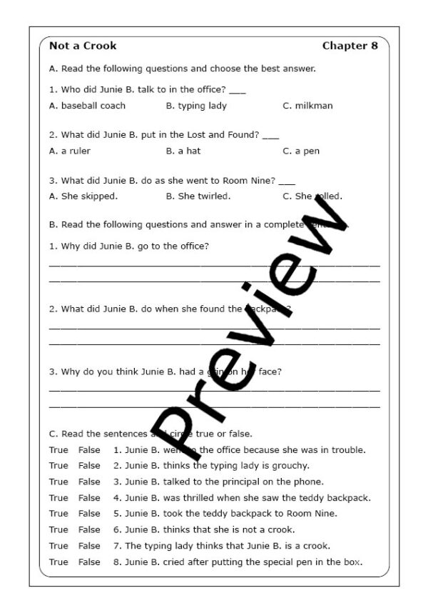 Barbara Park "Junie B. Jones Is Not a Crook" worksheets | Made By Teachers