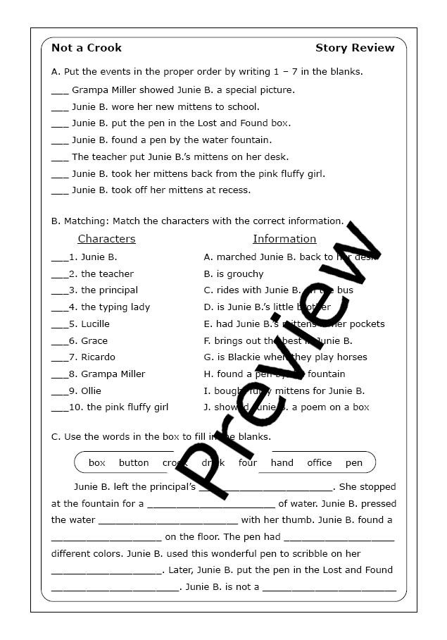 Barbara Park "Junie B. Jones Is Not a Crook" worksheets | Made By Teachers