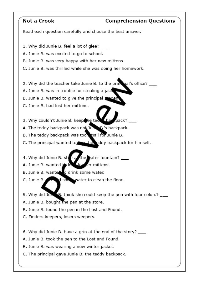 Barbara Park "Junie B. Jones Is Not a Crook" worksheets - Made By Teachers