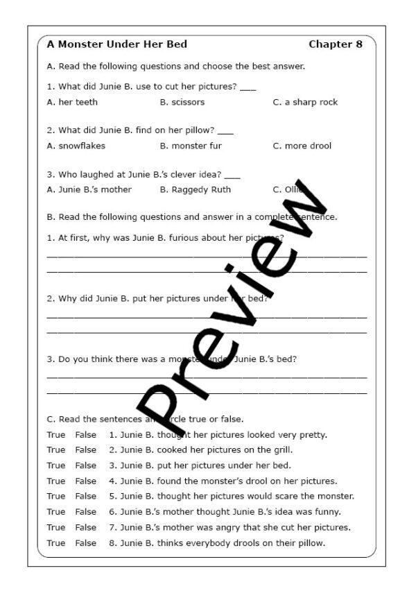 Barbara Park "Junie B. Jones Has a Monster Under Her Bed" worksheets ...