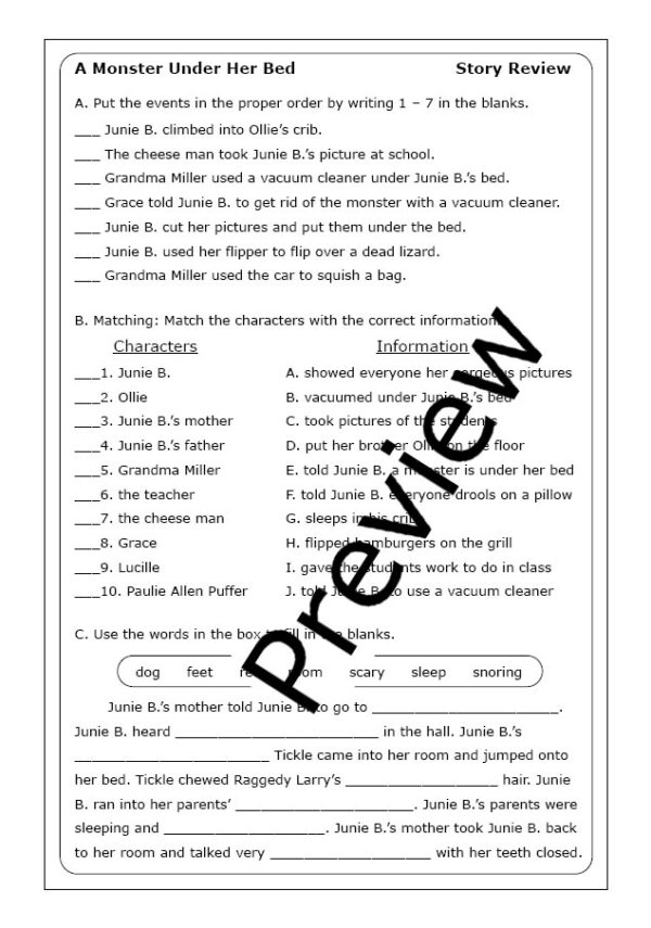 Barbara Park "Junie B. Jones Has a Monster Under Her Bed" worksheets ...
