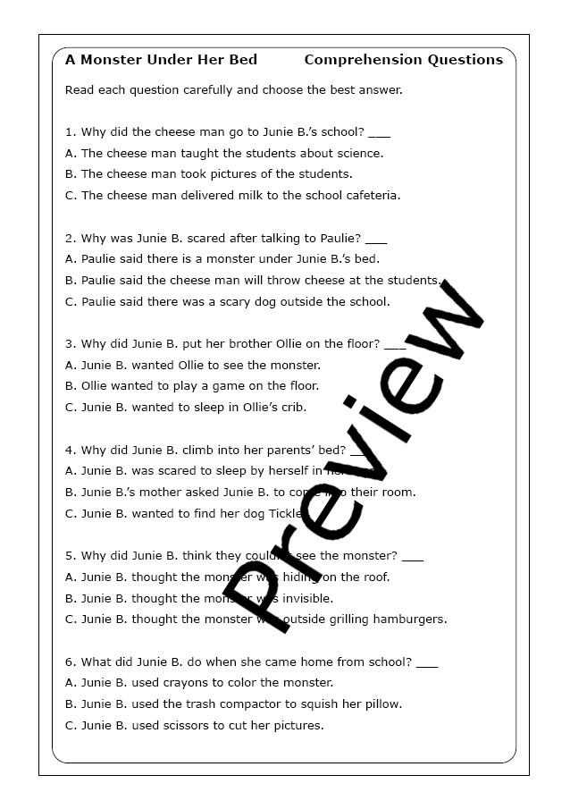 Barbara Park "Junie B. Jones Has a Monster Under Her Bed" worksheets ...