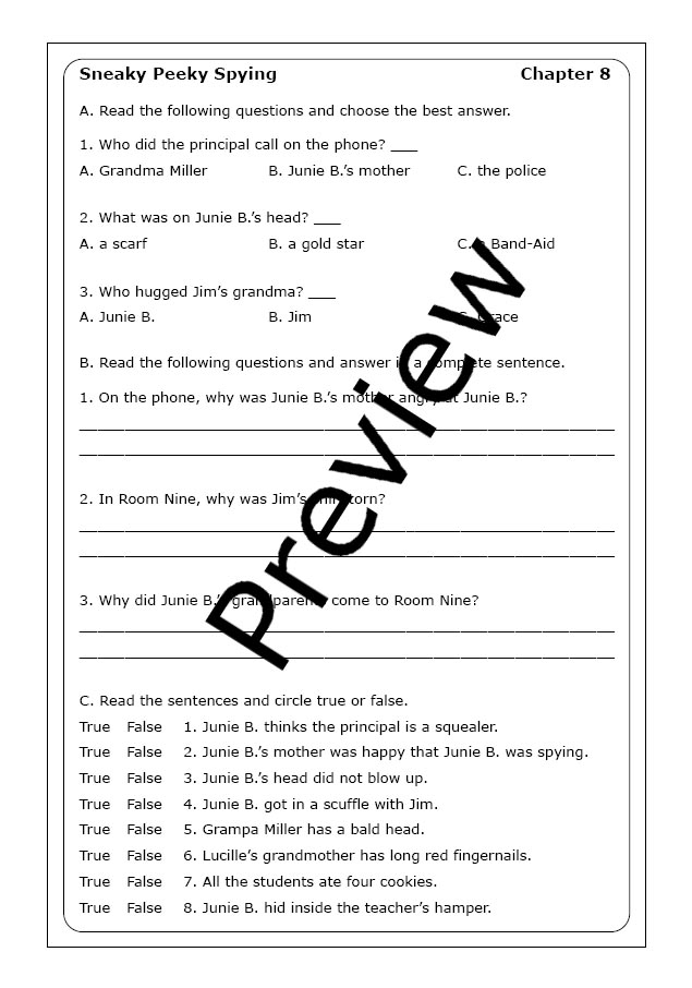 Barbara Park "Junie B. Jones and some Sneaky Peeky Spying" worksheets ...