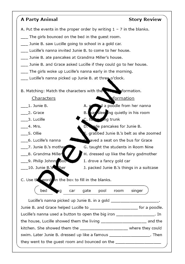 Barbara Park "Junie B. Jones Is a Party Animal" worksheets | Made By ...