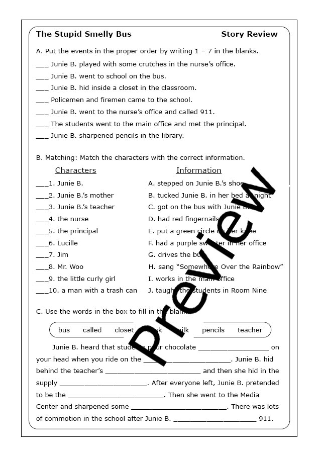 Barbara Park "Junie B. Jones and the Stupid Smelly Bus" worksheets ...