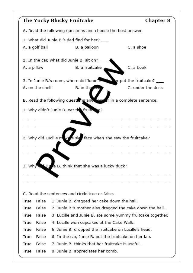 Barbara Park "Junie B. Jones and the Yucky Blucky Fruitcake" worksheets ...