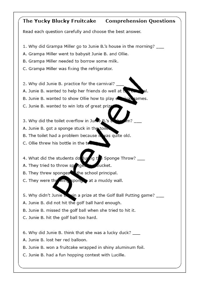 Barbara Park "Junie B. Jones and the Yucky Blucky Fruitcake" worksheets ...