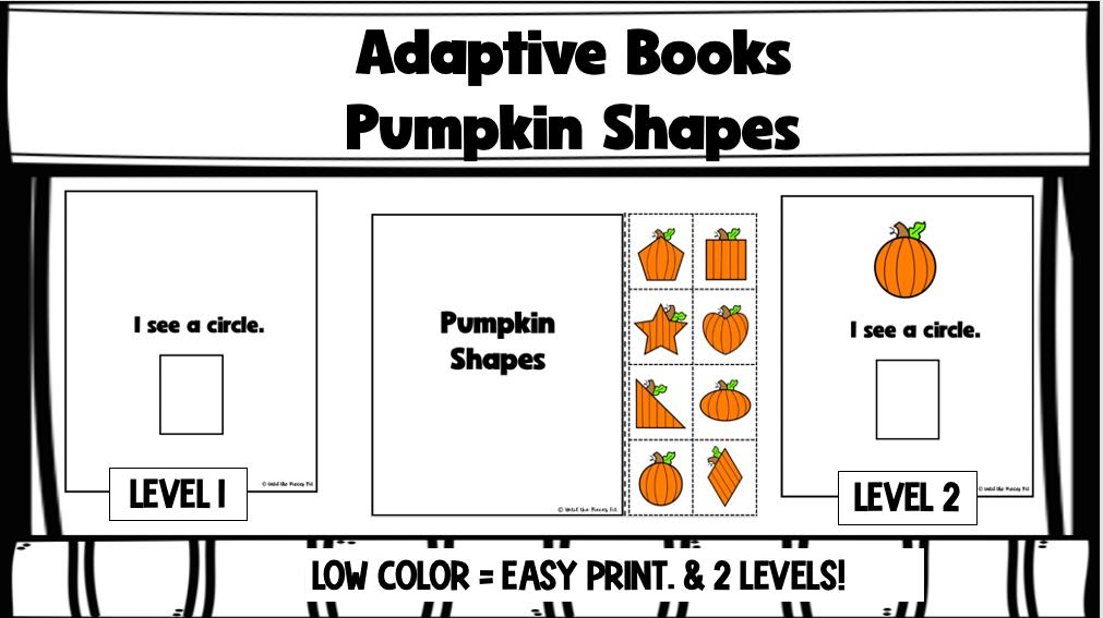 Fall Shapes total of 6 Adaptive Books apple themes, scarecrow, acorn ...