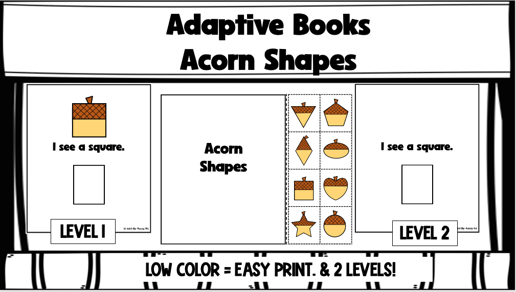 Fall Shapes total of 6 Adaptive Books apple themes, scarecrow, acorn ...