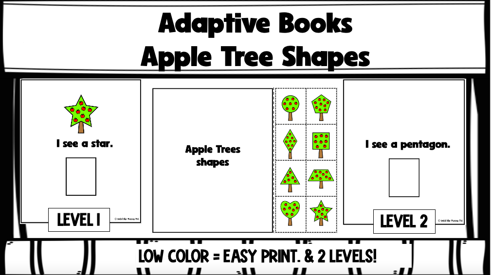 Fall Shapes total of 6 Adaptive Books apple themes, scarecrow, acorn ...