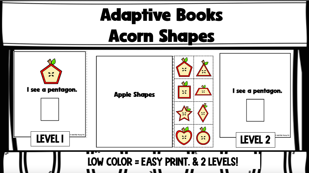 Fall Shapes total of 6 Adaptive Books apple themes, scarecrow, acorn ...