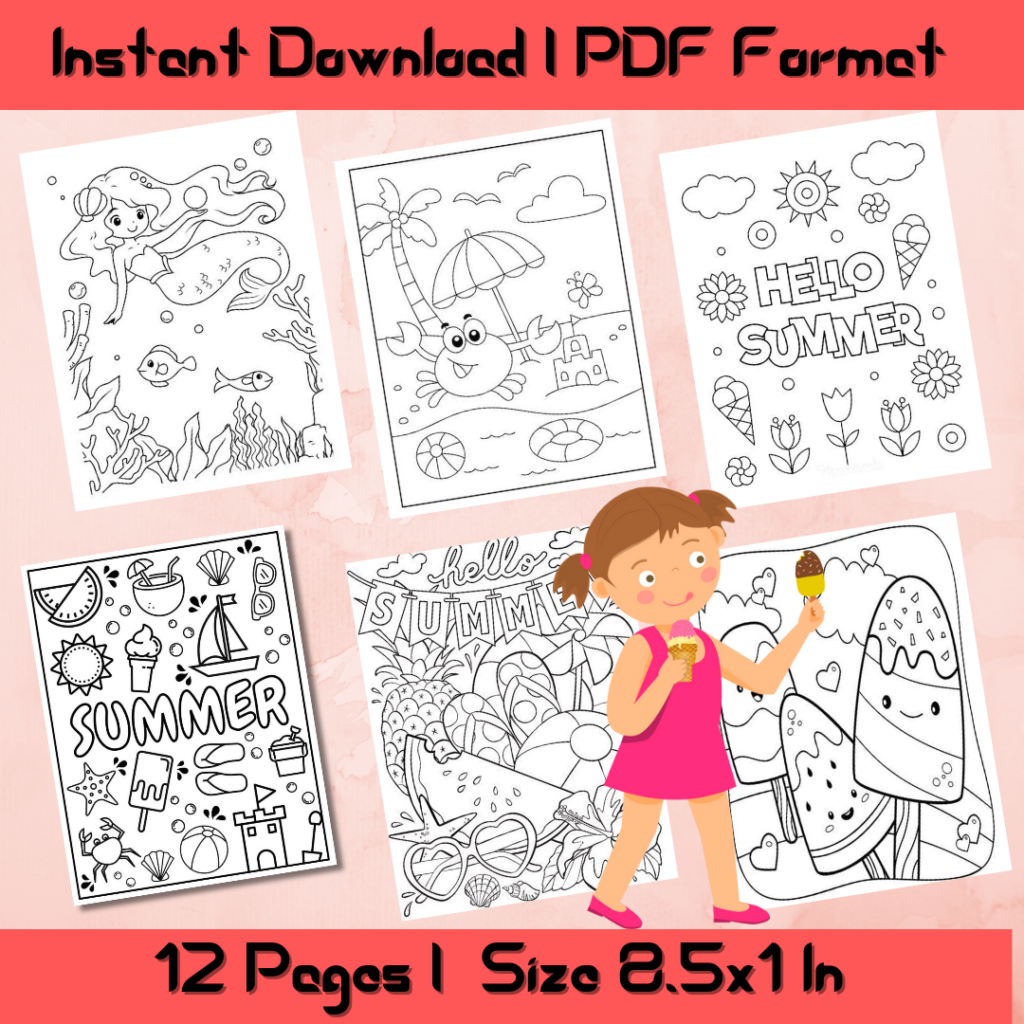 12 Summer Coloring Pages for kids, Summer Printables, Beach Coloring ...