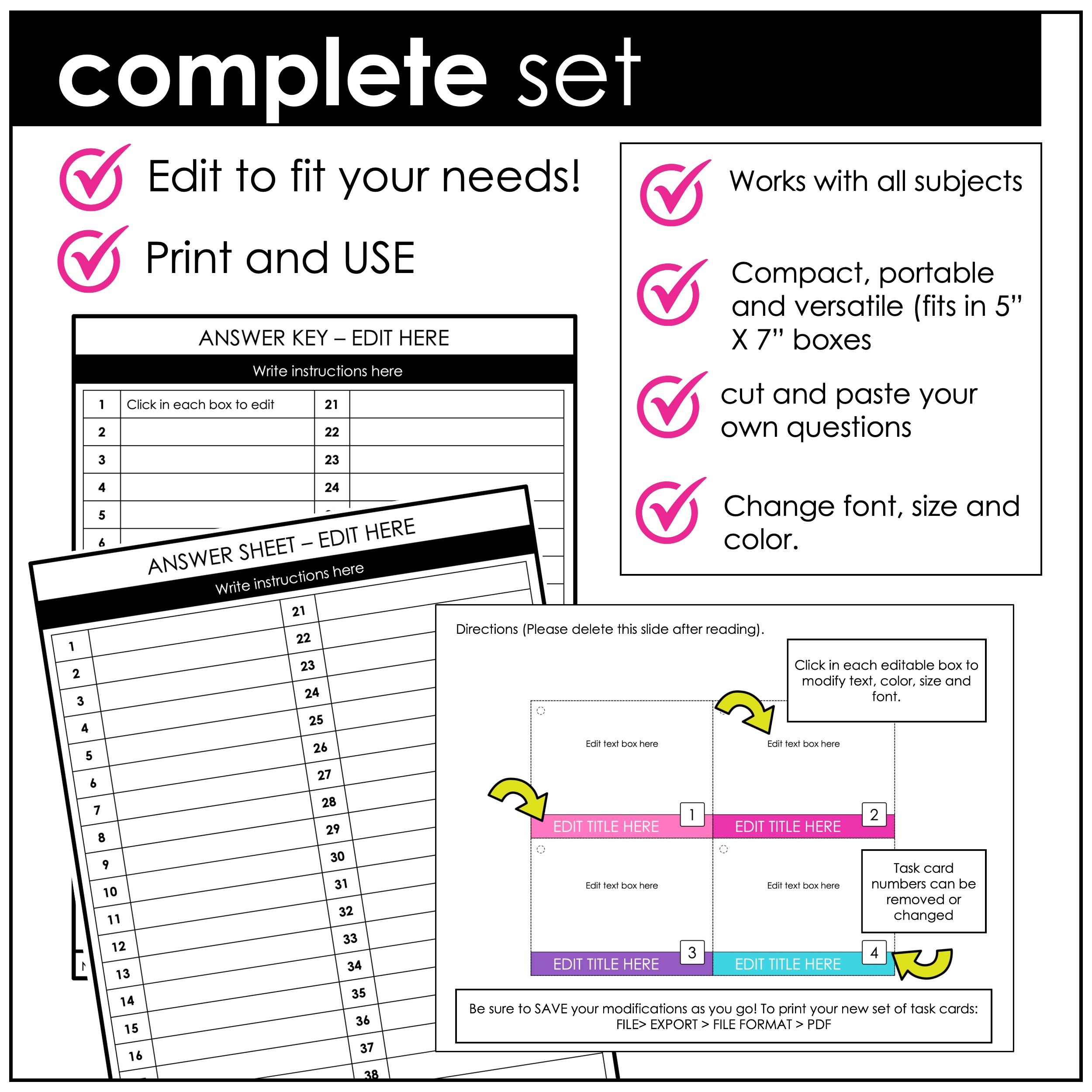 Editable Task Card PowerPoint Templates - Color - B&W Options - For ANY ...