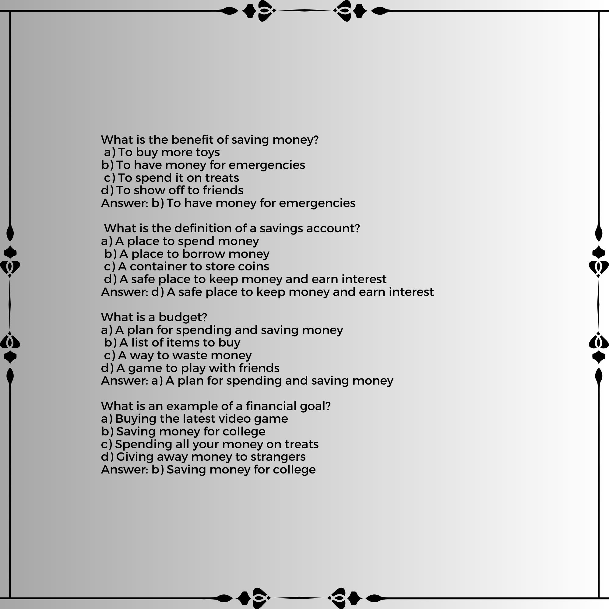 "Money-Savvy Kids:Personal Finance Savings Quiz" | Made By Teachers