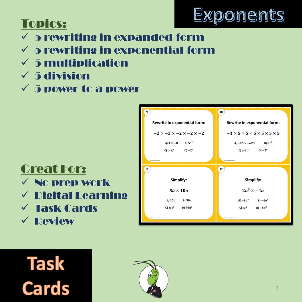 Exponent Rules Algebra 1 Task Cards | Google Forms and Slides | Made By ...