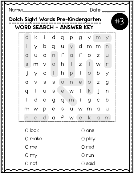 Dolch Pre-K Sight Words Word Search For Early Readers | Made By Teachers