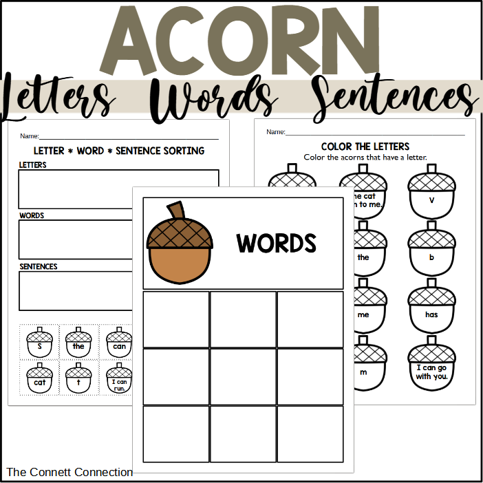 Acorn Letter, Word, and Sentence Sorting Center and Worksheets | Made ...