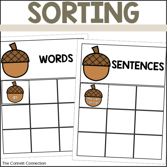 Acorn Letter, Word, and Sentence Sorting Center and Worksheets | Made ...