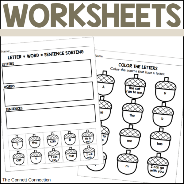 Acorn Letter, Word, and Sentence Sorting Center and Worksheets | Made ...