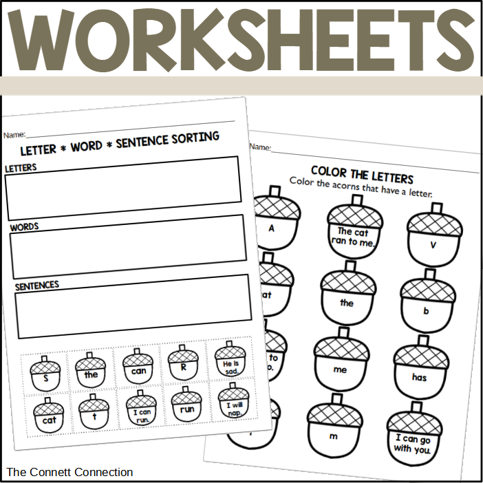 Acorn Letter, Word, and Sentence Sorting Center and Worksheets | Made ...