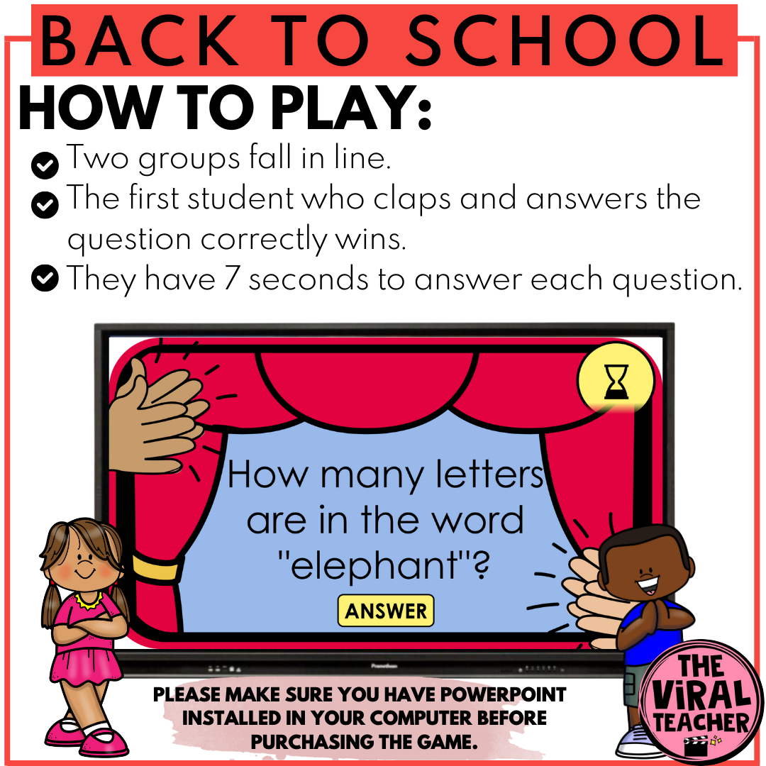 1st Grade First Day of School Activity Back to School PowerPoint Trivia Game | Made By Teachers