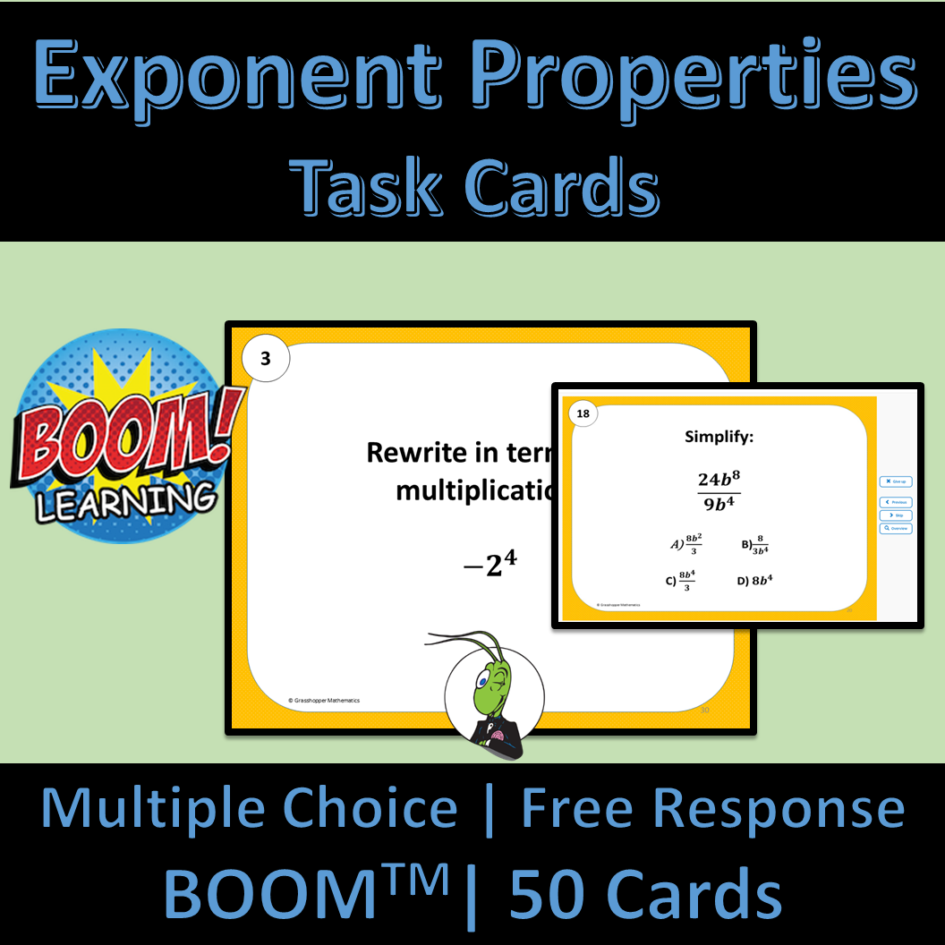 Exponent Properties Boom Digital Algebra 1 Task Cards | Made By Teachers