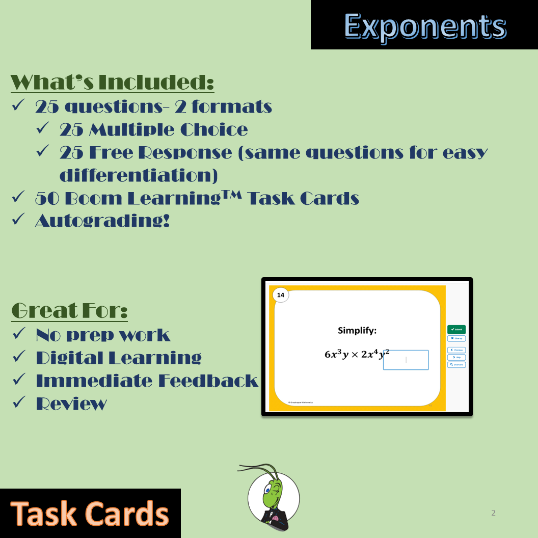 Exponent Properties Boom Digital Algebra 1 Task Cards | Made By Teachers