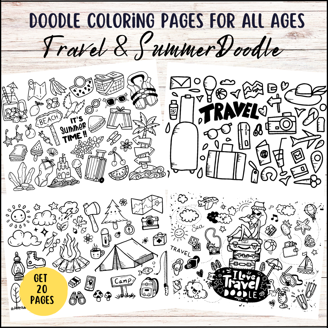 Summer,Travel,Holiday & Vacation Doodle Coloring Pages & Clipart ...