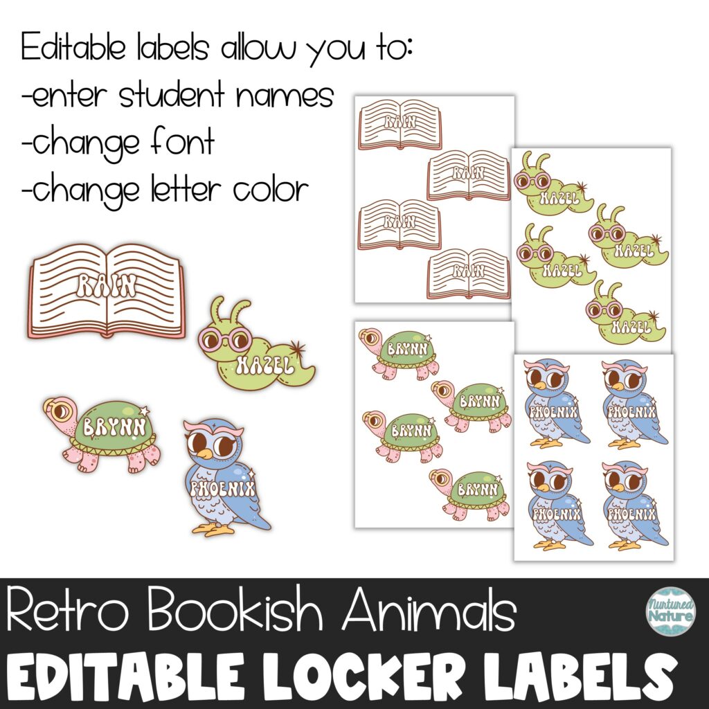 Retro Bookish Animals Name Tags - Editable Locker Labels or Cubby Tags ...