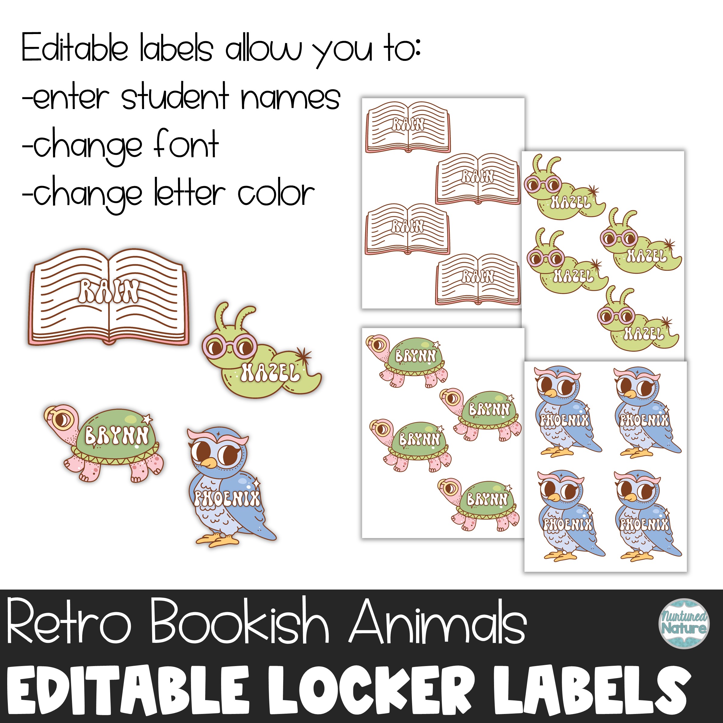 Retro Bookish Animals Name Tags - Editable Locker Labels or Cubby Tags ...