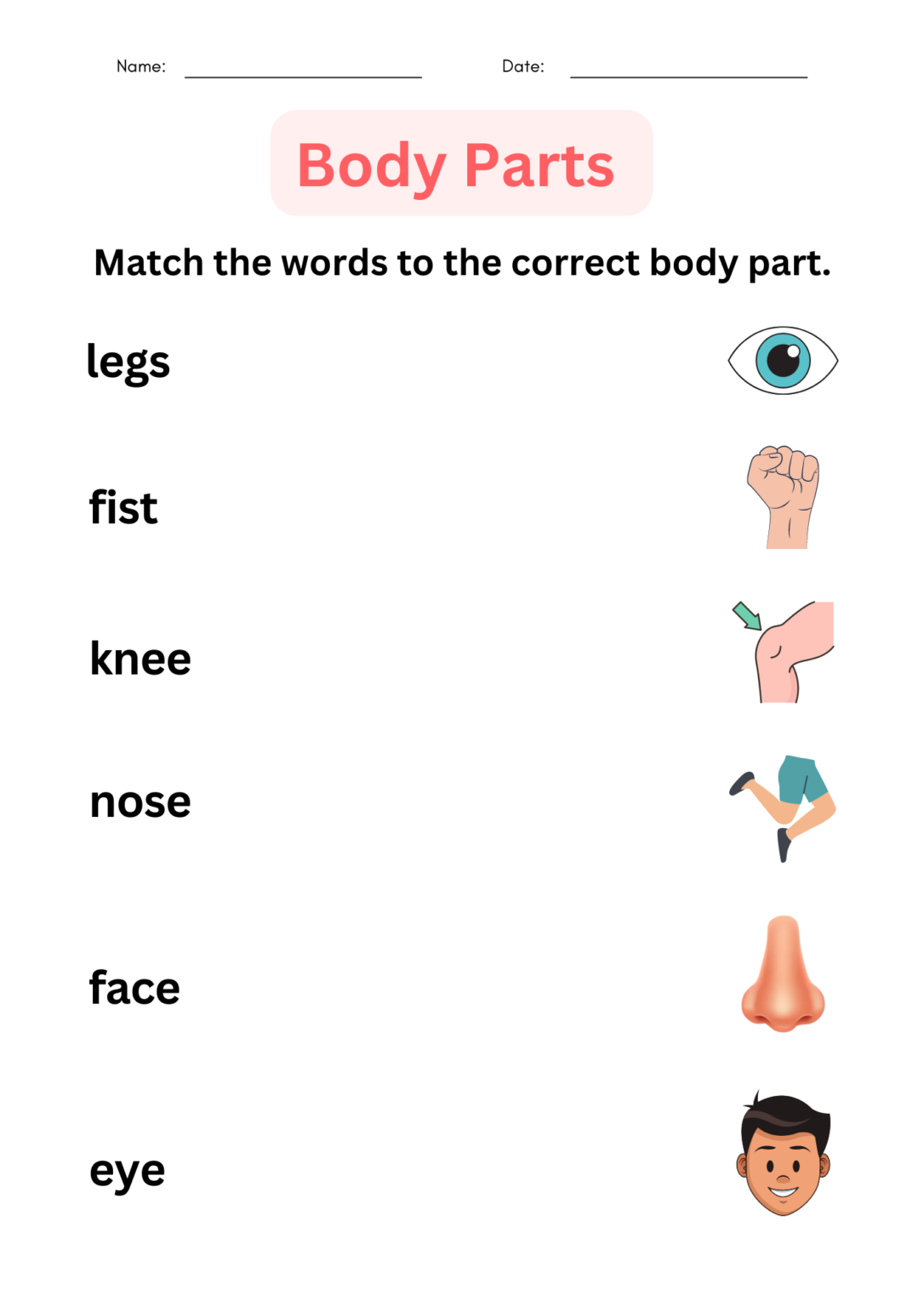 printable matching body parts worksheet for Special Education grade 1 ...