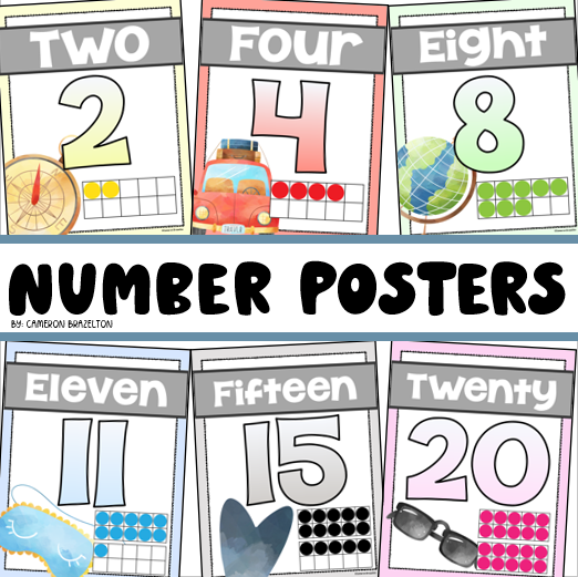 Number Posters Signs 0-20 Ten Frames Travel Adventure Watercolor Theme ...