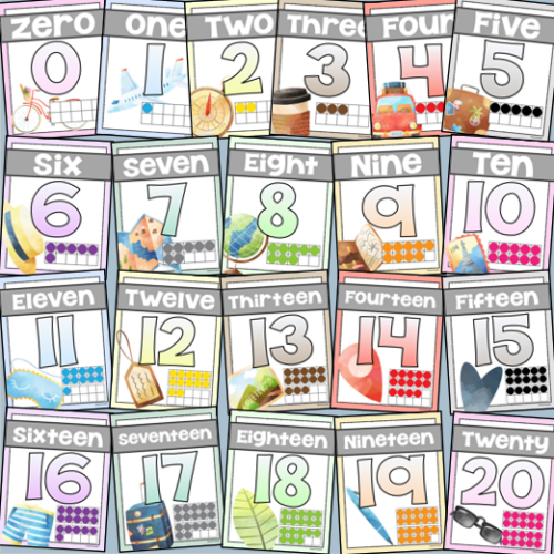 Number Posters Signs 0-20 Ten Frames Travel Adventure Watercolor Theme ...