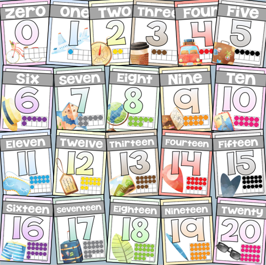Number Posters Signs 0-20 Ten Frames Travel Adventure Watercolor Theme ...