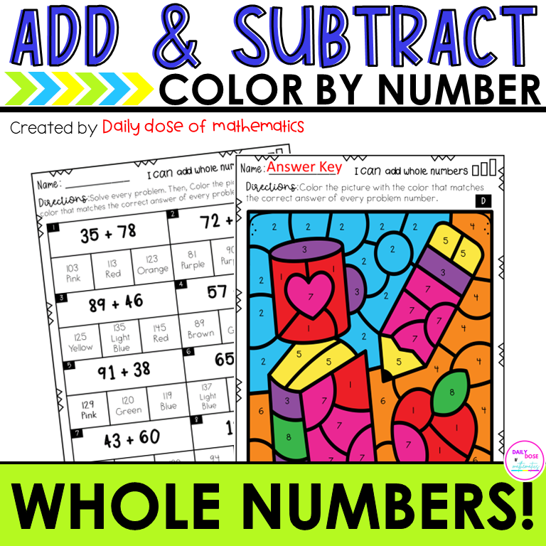 2 and 3 Digit Addition and Subtraction Color By Number Worksheets 8 ...