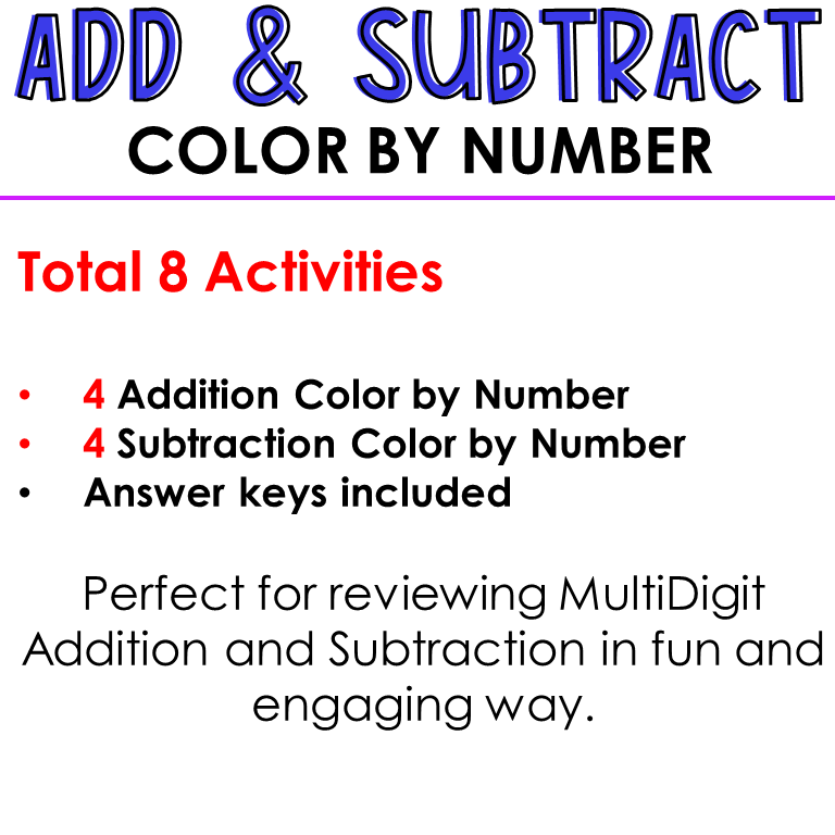 2 and 3 Digit Addition and Subtraction Color By Number Worksheets 8 ...