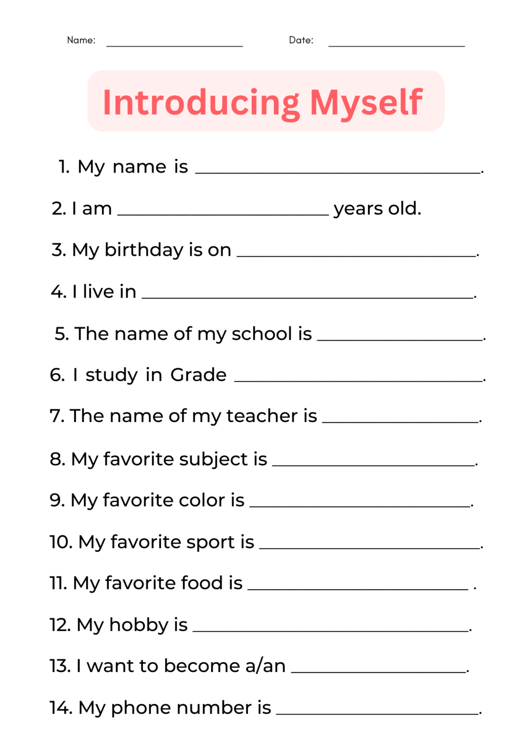 All About Me - printable Introducing Myself worksheet for grade 1, 2, 3 ...