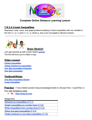 Complete Online Distance Learning 7th Math Linear Inequalities 7.A.3.2 ...