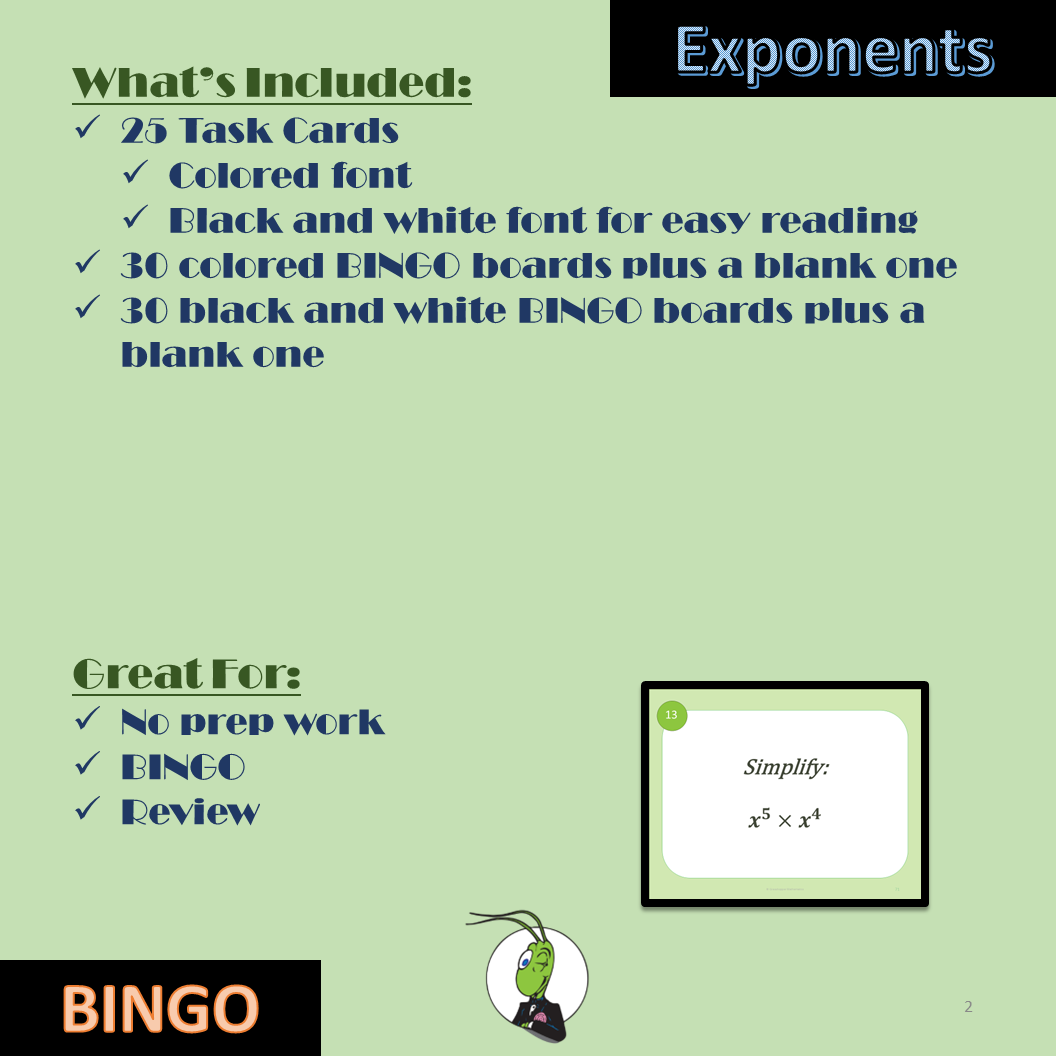 Exponent Rules BINGO Task Cards Algebra 1 Game | Made By Teachers
