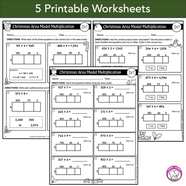 Christmas 3 Digit by 1 Digit Multiplication Area Model Google and ...