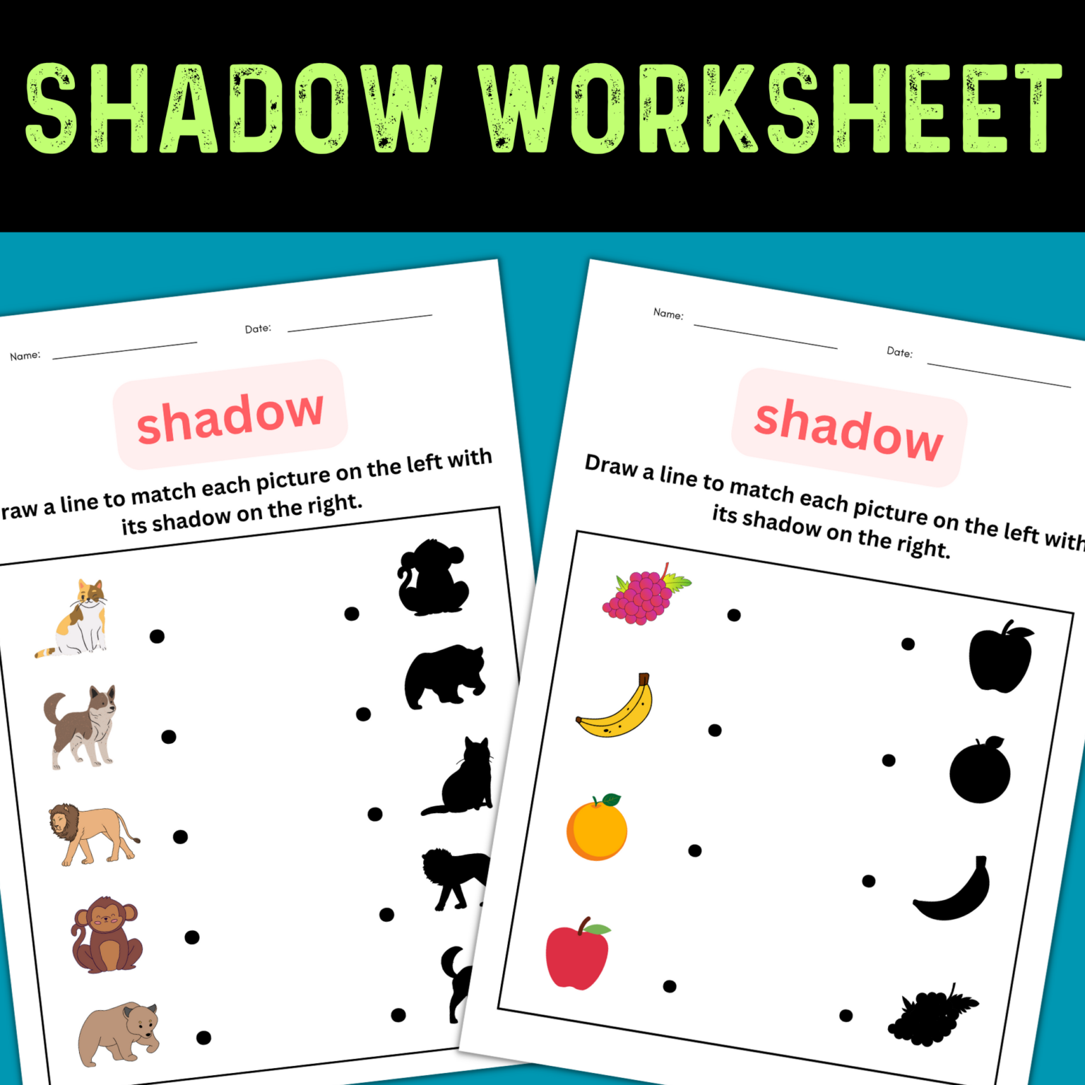 printable shadow matching worksheets - animals, shapes, Fruits for ...