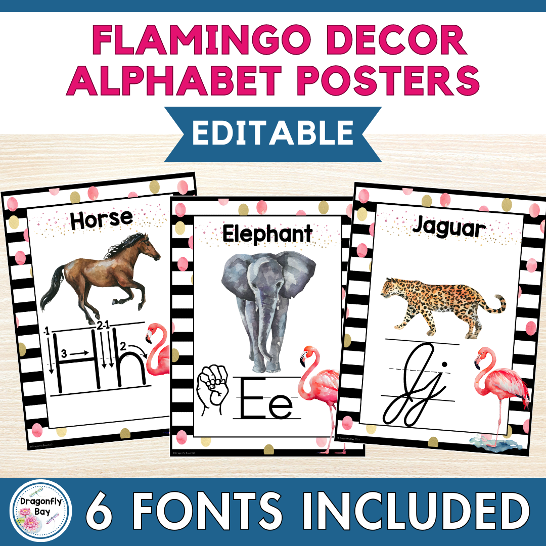 Flamingo Alphabet Classroom Décor Posters in 6 Fonts EDITABLE | Made By ...