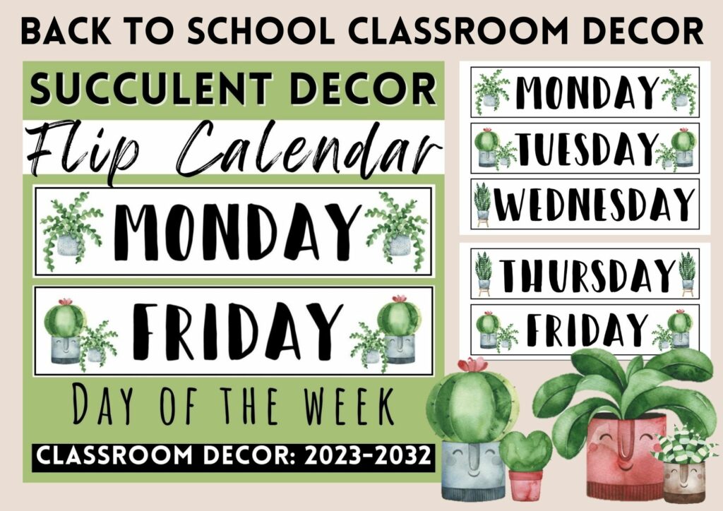 Flip Calendar | Day of the Week | Succulent Classroom Décor Whiteboard ...