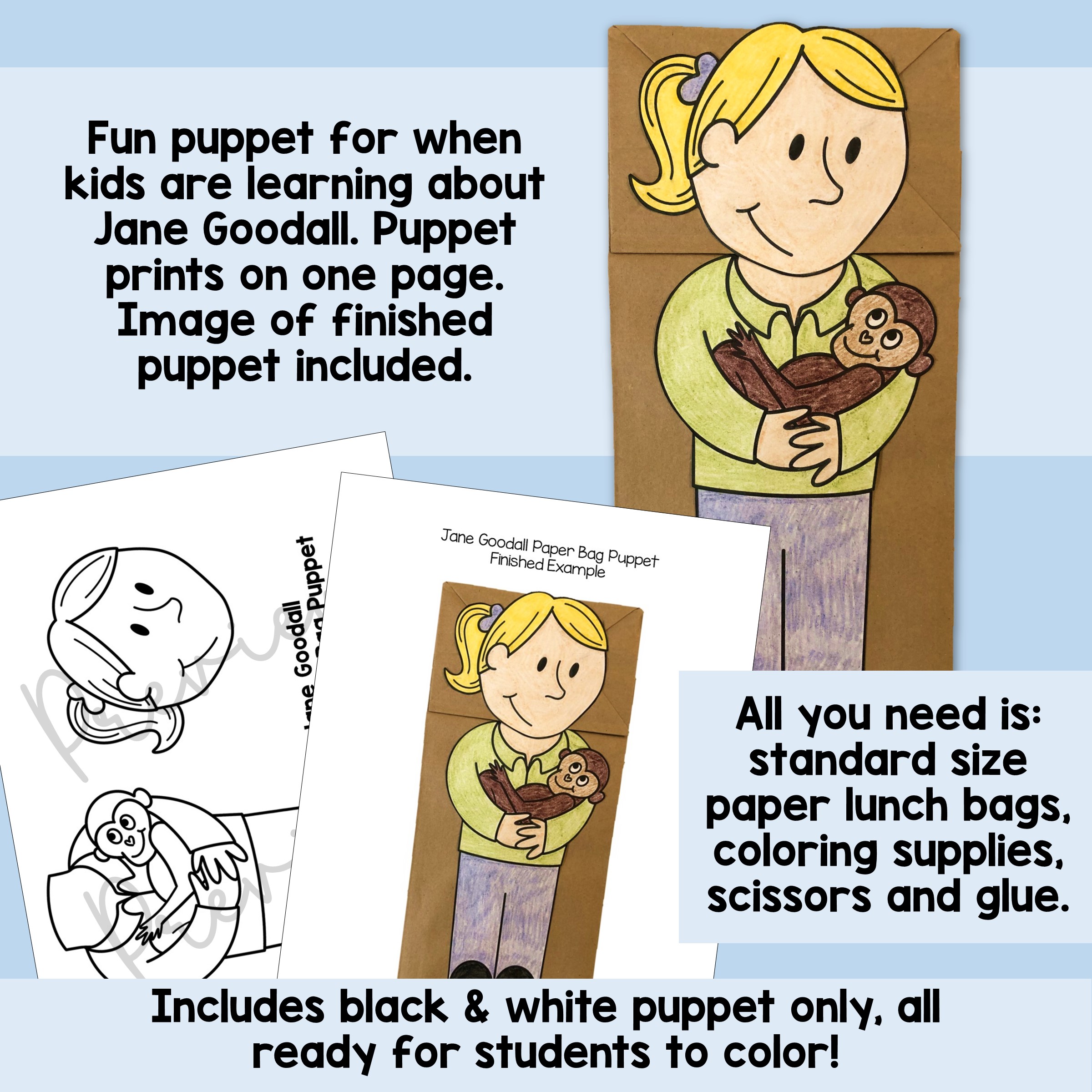 Women's History Month Paper Bag Puppet | Jane Goodall Craft Activity ...