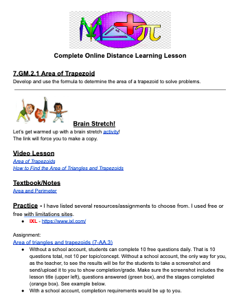 Complete Online Distance Learning 7th Math Area of Trapezoid 7.GM.2.1 ...