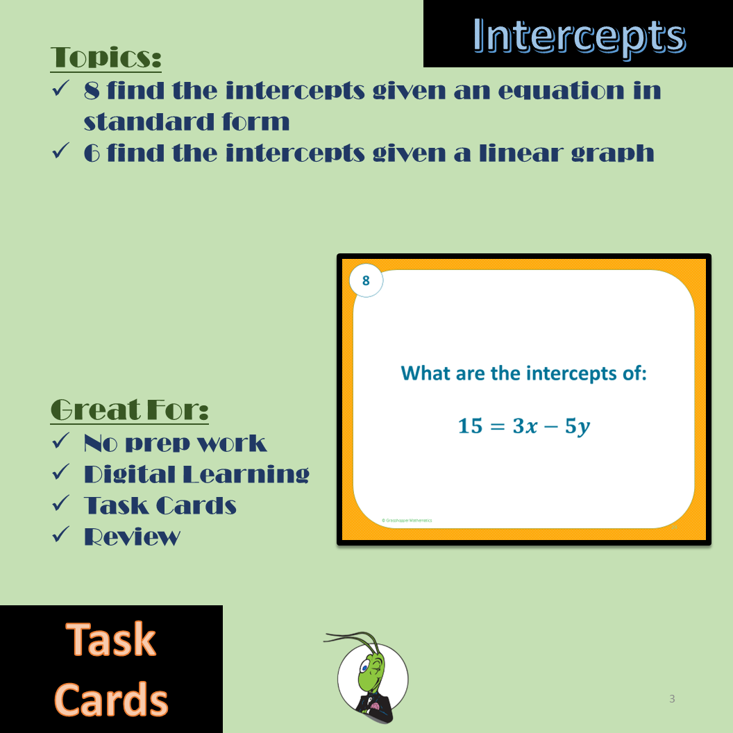Intercepts from a Linear Graph and Standard Form Algebra 1 BOOM Task ...